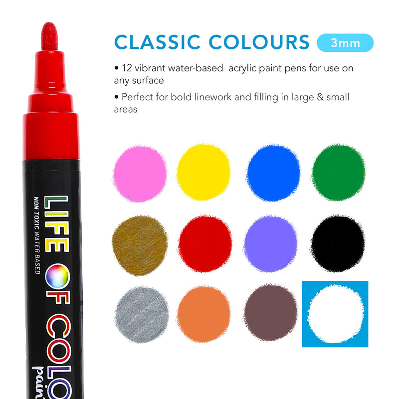 12 Colour Acrylic Paint Pens 3mm for rock painting, shoes, wood ...